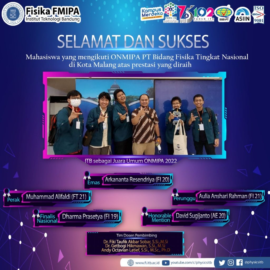 Selamat kepada tim Fisika ITB pada ONMIPA-PT bidang Fisika 2022 – Program Studi Magister Ilmu ...
